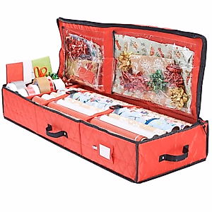 ZOBER Wrapping Paper Storage Containers - 40.5x14x6 Inch, Quilted, Duffle Bag-Style Gift Wrap Organizer and Storage Bag w/Wheels, Zipper and Double Handle for Christmas Decorations - Red