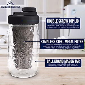 Brewing America Mason Jar Cold Brew Coffee Maker Infuser: Made in USA Wide Mouth Mason Jar with Screw Top Pour Lid, Stainless Steel Filter for Delicious Coffee, Tea, Alcohol - 1 Quart 32 oz Black Lid
