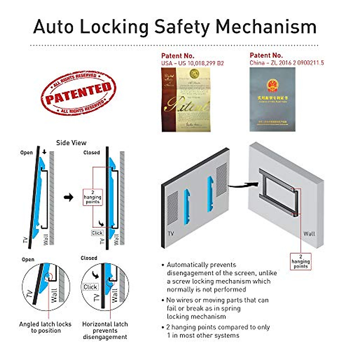 Barkan TV Wall Mount, 19 - 65 inch Fixed, Drywall No Stud No Drill Screen Bracket, Holds up to 71lbs, Auto Lock Patented, 5 Year Warranty , Fits LED OLED LCD, Including 6 ft 4K HDMI Cable Black