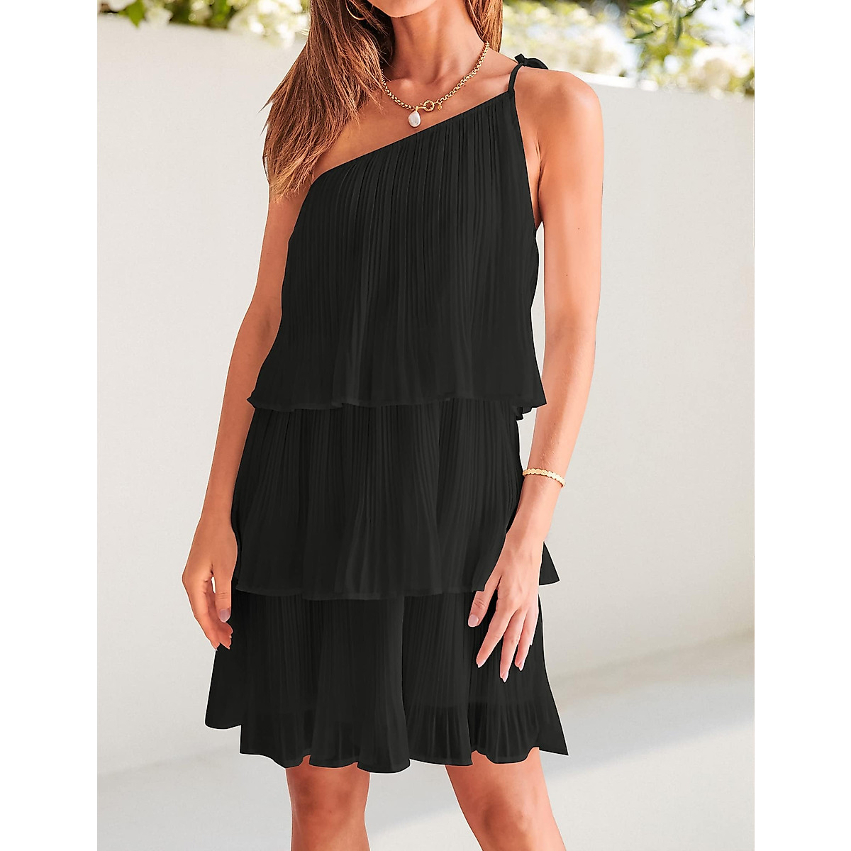 ZESICA Women's Boho Summer One Shoulder Sleeveless Ruffle Tiered Layered Chiffon Pleated A Line Flowy Mini Dress,Black,Medium