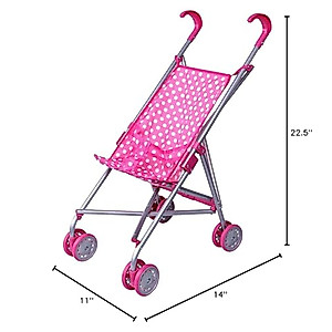 Precious Toys Baby Doll Stroller, Pink & White Polka Dots Baby Stroller for Dolls, Foldable Toy Baby Stroller, Toy Stroller for Baby Dolls, Doll Strollers for Girls 2 Years Old and Older, Toddlers