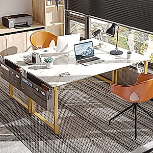 ODK 63 inch Super Large Computer Writing Desk Gaming Sturdy Home Office Desk, Work Desk with A Storage Bag and Headphone Hook, White Marble + Gold Leg