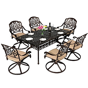 TITIMO 7 Piece Cast Aluminum Patio Dining Set, Outdoor Dining Furniture Patio Table and Chairs Set,6 Floral Pattern Swivel Rocker Chairs with Cushions (Khaki)