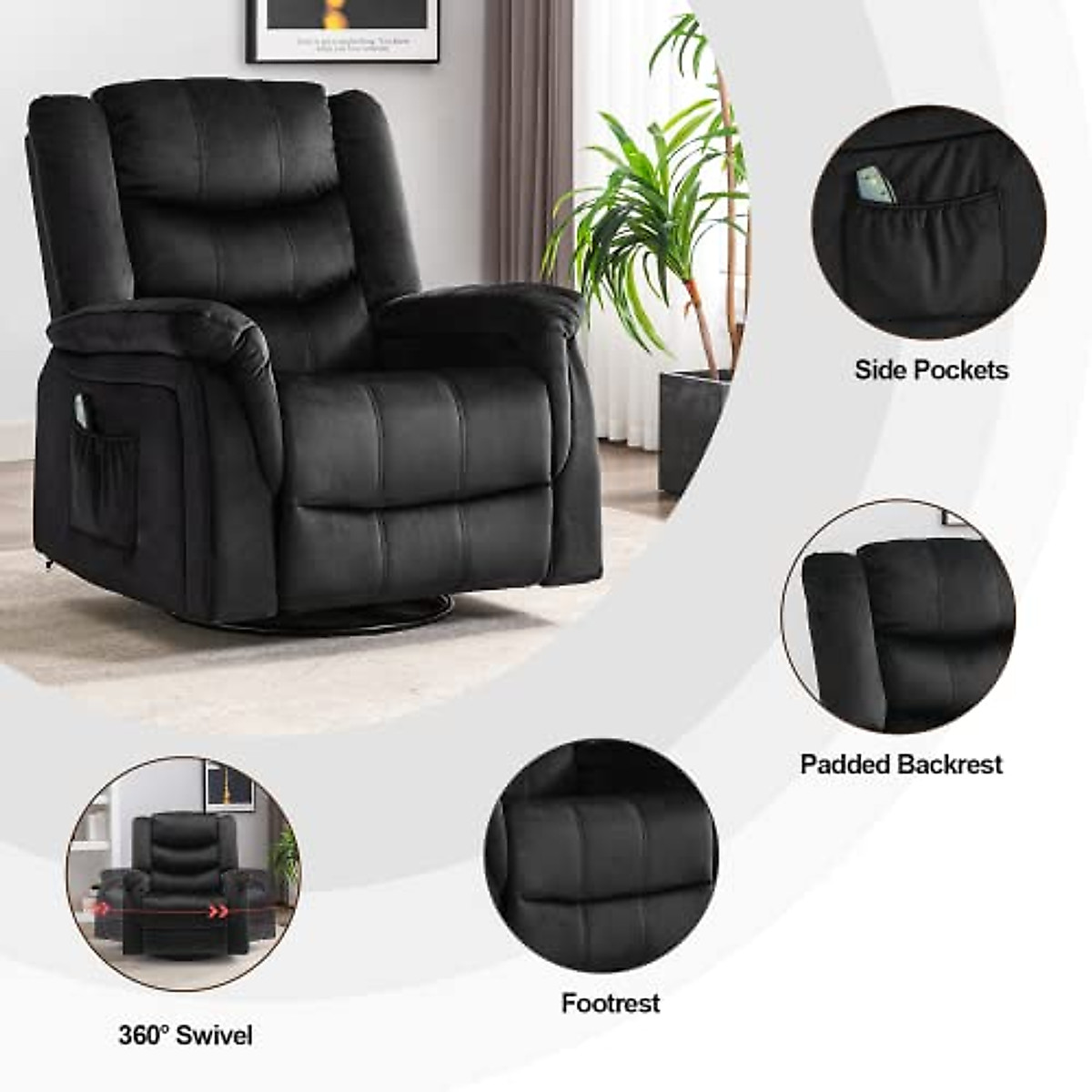 KALEVILL Recliner Chair with Heat and Massage, Recline Chair 360° Swivel Rocker Rocking Recliner, Overstuffed Home Theater Seating with 4 Side Pockets Black