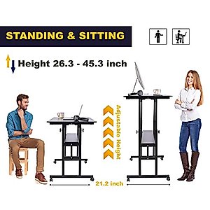 AIZ Mobile Standing Desk, Adjustable Computer Desk Rolling Laptop Cart on Wheels Home Office Computer Workstation, Portable Laptop Stand Tall Table for Standing or Sitting, Black, 39.4" x 23.6"