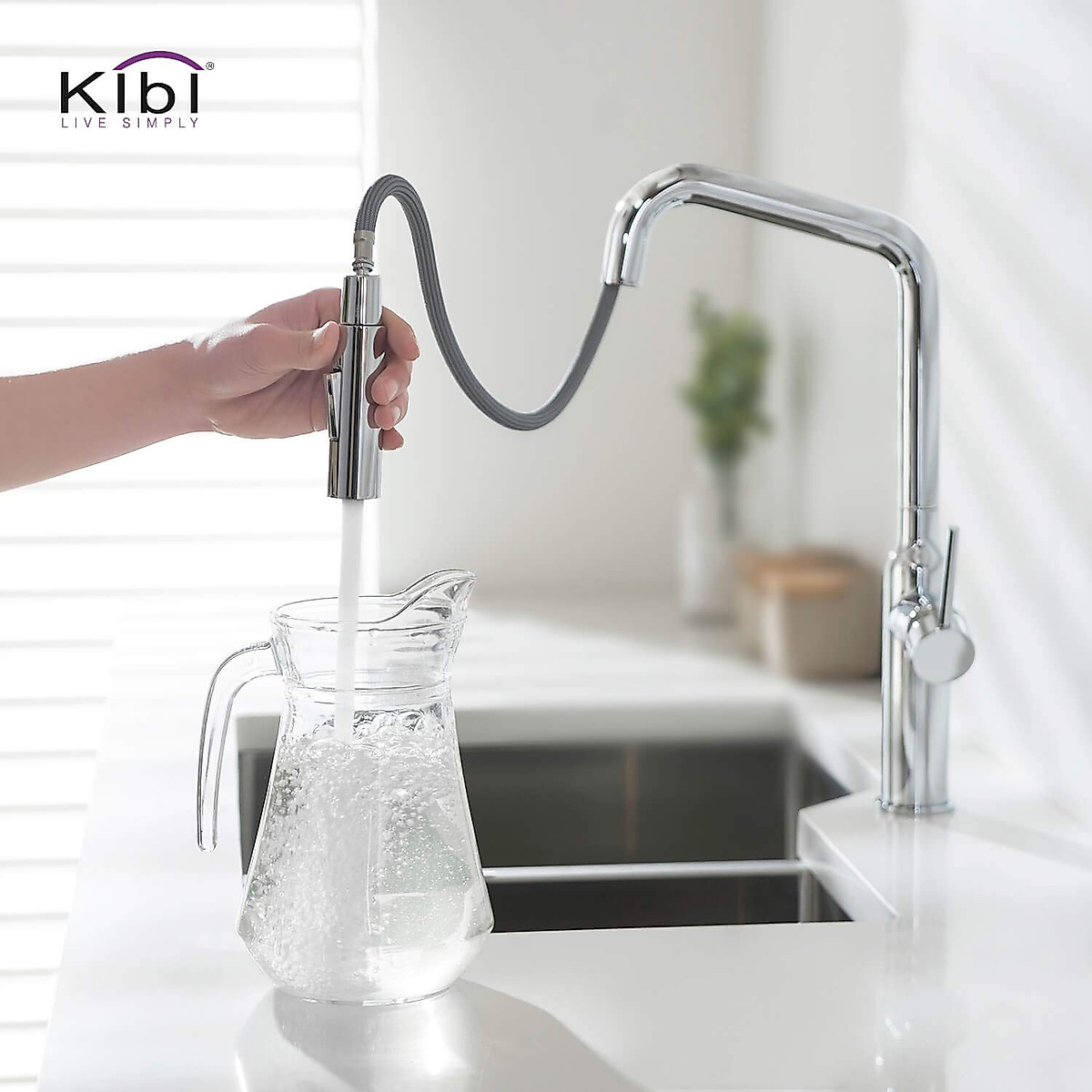 KIBI Macon Single Handle Pull Down Faucet for Kitchen Sink with Soap Dispenser | Solid Brass High Arc Faucet Spout | 360 Degree Swivel Kitchen Faucet with Pull Down Sprayer | Chrome Finish (KKF2007)