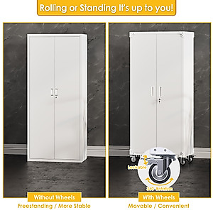 Aobabo 72" H Lockable Storage Cabinet on Wheels with 4 Shelves, Office Furniture Metal Storage Organizer with Wheels for Garage, Assembly Required, White