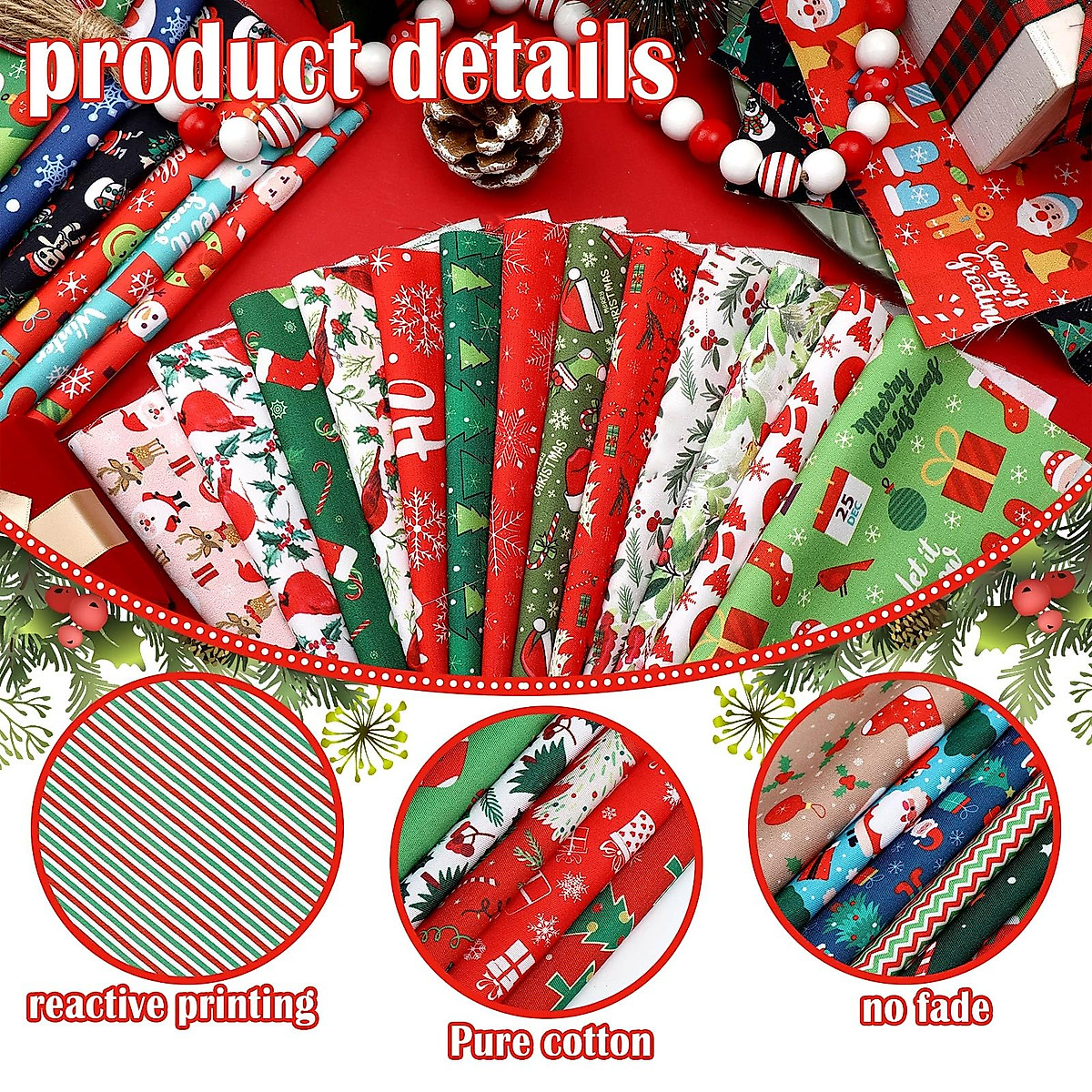 Irenare 100 Pcs 8 x 8 Inches Christmas Fabric Bundles Fat Quarters Santa Claus Precut Fabric Bundle Squares Xmas Tree Snowman Printed Sewing Patchwork Fabric Winter Fabric for Xmas DIY Crafts Quilting