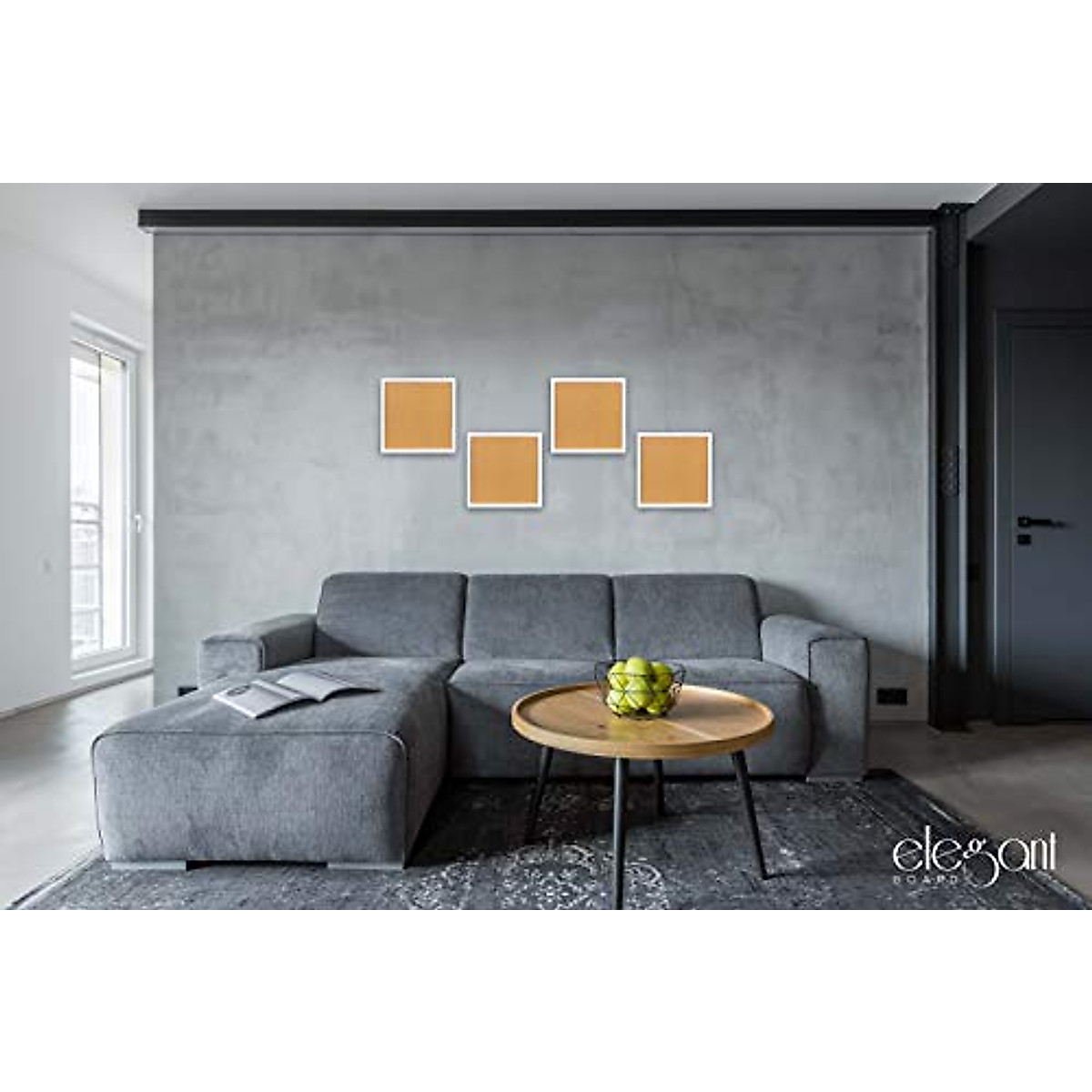 Elegant Boards 4 Pack Cork Bulletin Board 12"X 12" Square Wall Tiles, Modern White Framed Boards for Home and Office (Pushpins, Hardware and Template Included)