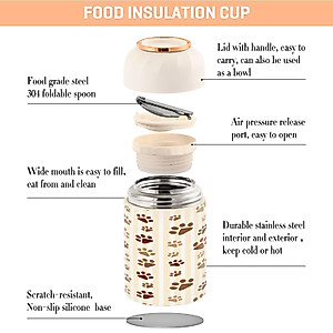CUPADA Brown Golden Dog Paw Food Jar for Hot and Cold, Puppy Stripes Insulated Food Jars Vacuum 17OZ with Folding Spoon for Work Trip Picnic Camping