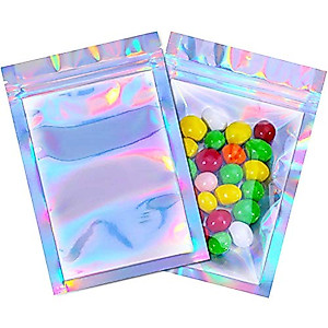 Mylar Bags - 100 Pieces Smell Proof Bags - Ziplock Bags Holographic Rainbow Color - 3x4 Inch Resealable Bags - Mylar Bags for Food Storage - Packaging Bags for Candy and Dried Fruits