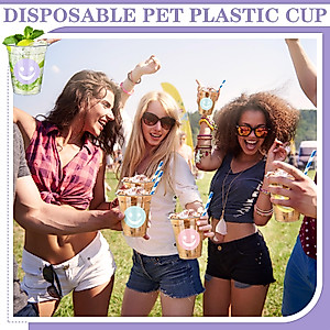 meekoo 100 Pack Preppy Smile Face 12 oz Clear Plastic Cups Bulk Disposable Drink Cups Cute Pastel Smile Face Disposable Preppy Bachelorette Theme Birthday Party Favors Events Picnic Travel