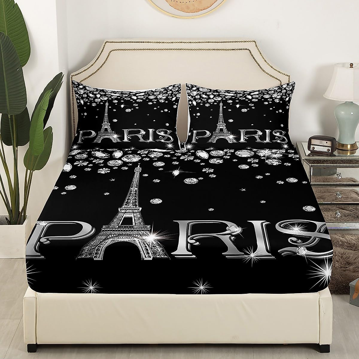 Eiffel Tower Sheet Set Full Size,Romantic Paris Tower Bed Sheets for Teens Adult,Gradient Diamond Bedding Set,Black White Sparkles Sequins Valentines Fitted Sheet + Top Sheet + 2 Pillow Shams
