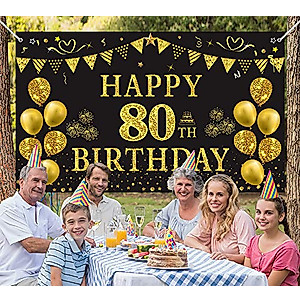 Trgowaul 80th Birthday Backdrop Gold and Black 5.9 X 3.6 Fts Happy Birthday Party Decorations Banner for Women Men Photography Supplies Background Happy Birthday Decoration