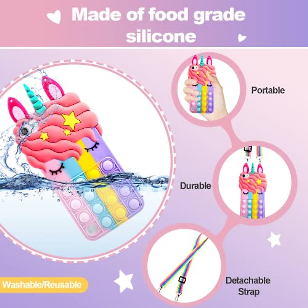 iPod Touch 7 Case, Kakotomy Kawaii Stress Relief Fidget Toy 3D Phone Cases with Strap for Girls Kids Teen, Cute Unicorn Pop it Bubble Silicone Case Protective for Apple iPod Touch 5/6/7th Generation