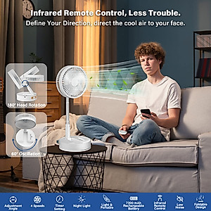 Portable Oscillating Standing Fan with Remote Light Timer, Rechargeable 7200mah Battery Operated Fan Personal Foldaway Fan Cordless Small Desk Floor Fan Pedestal Fans for Room Office Camping Travel