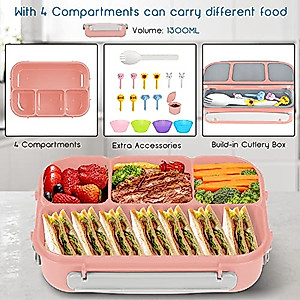 Zekloca Bento Box, 1300ML 4 Compartment Lunch Box Kids, Leak-Proof Design, Microwave/Dishwasher/Freezer Safe, BPA Free, Pink