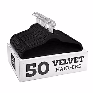 Black Velvet Felt Non Slip Clothes Hangers 50 Pack - Ultra Slim & Space Saving - Heavy Duty Swivel Black Hook for Clothing, Suit, Top, Tie, Shirt, Skirt & Pant Organization