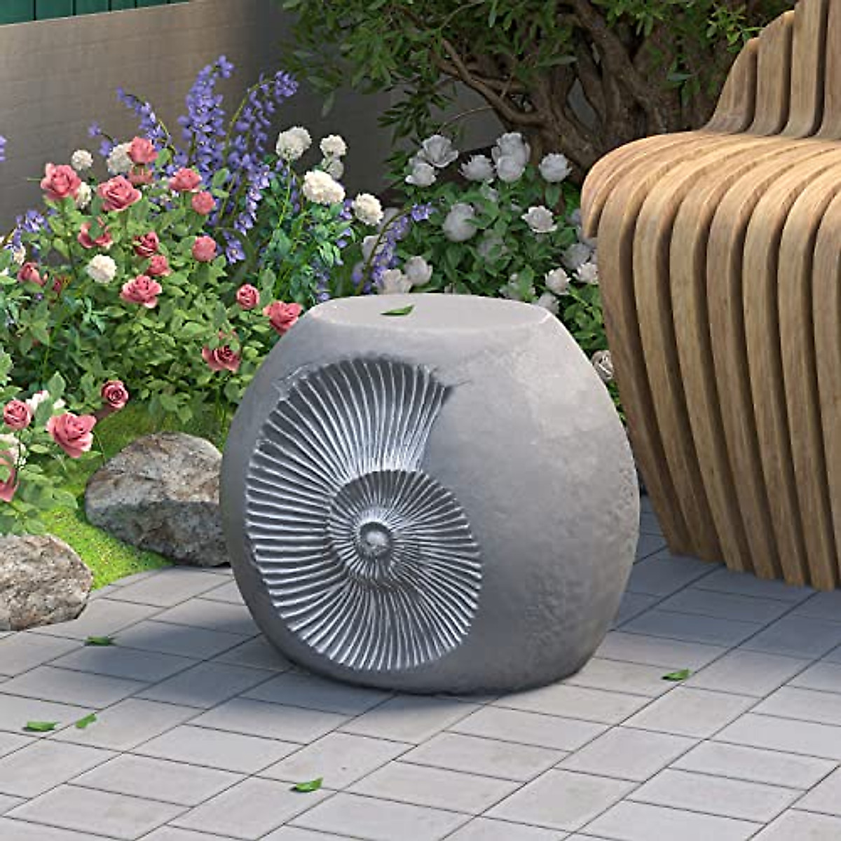 COSIEST Nautilus Sculpture End Table, 15.8x15 inch Concrete Finish Accent Table, Round Side Table for Garden Yard Patio, Light Gray