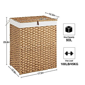 GREENSTELL Laundry Hamper, No Install Needed, 90L Wicker Laundry Baskets Foldable 2 Removable Liner Bags, 2 Section Clothes Hamper Handwoven Laundry Basket with Handles, Nature 18.3x13.3x24 Inches