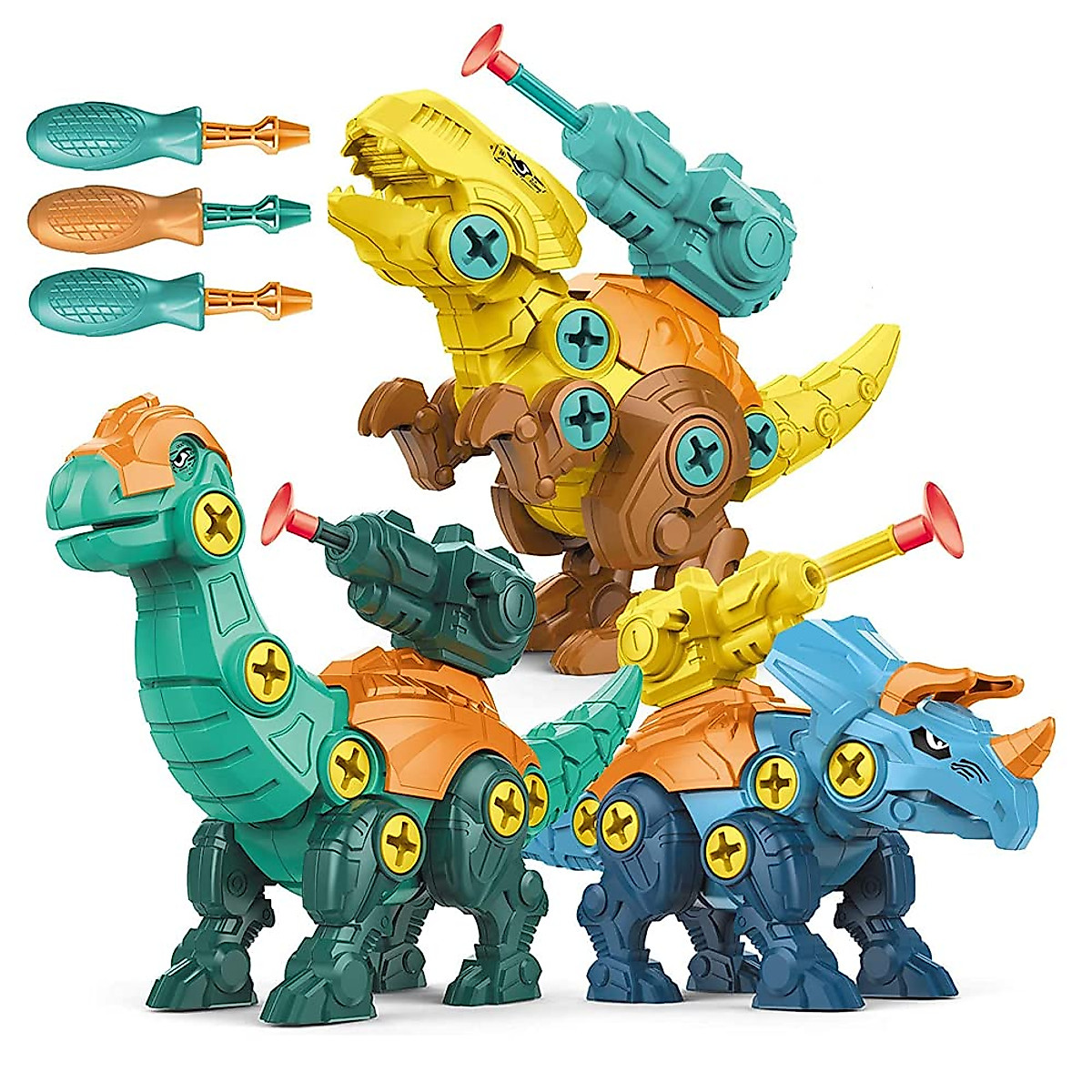 Defrko 3 Pack Take Apart Dinosaur Toys for Kids with Missile Fire, Shooting Dinos Toddler DIY Building Dinosaur Figures, Educational STEM Toys with Screwdrivers for Boys and Girls