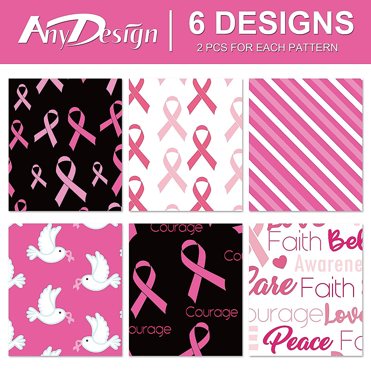 AnyDesign 12 Sheet Breast Cancer Awareness Wrapping Paper Pink Bow Peace Dove Gift Wrap Paper Bulk Decorative Art Paper for DIY Crafts, 19.7 x 27.6 Inch, Folded Flat