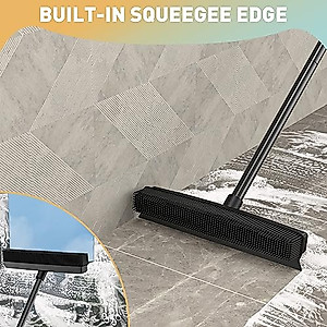 Sunally Rubber Broom Pet Hair Remover, Fur Remover Broom with Squeegee for Fluff Carpet, Hardwood Floor, Tile, Window, Black Yellow, includes Portable Lint Remover Brush and Broom Holder