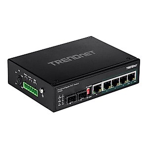 TRENDnet 6-Port Hardened Industrial Gigabit PoE+ DIN-Rail Switch, 4 x Gigabit PoE+ Ports, Shared Gigabit Port (RJ-45/SFP), Dedicated SFP, 120W Power Budget, IP30, Lifetime Protection, Black, TI-PG62