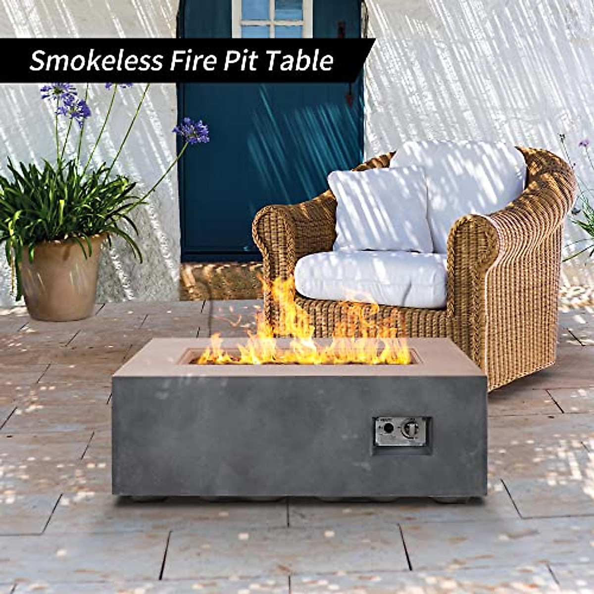 Kante 42 Inches Outdoor Propane Fire Pit Table, Rectangular Concrete Smokeless Gas Fire Pit Table for Patio Garden, 50,000 BTU Stainless Steel Burner, Waterproof Cover, Natural Concrete (A-R01-81921)