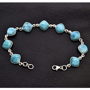 DESIGN HUB Blue Larimar Stone Bracelets 925 Silver Overlay For Women Girl Gifts - Gemstone Adjustable 7.50" Cushion Cabochon Link Bracelets Christmas Gifts For Her (Bracelet Style 3)