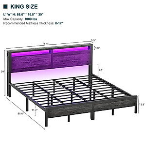 Homieasy King Size Bed Frame with Charging Station and Led Lights, Industrial Metal Platform Bed with Storage Headboard, Steel Slat Support, No Box Spring Needed, Noise-Free, Easy Assembly, Black Oak