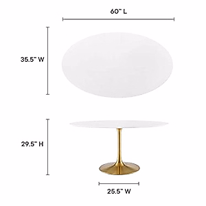 Modway Lippa 60" Oval-Shaped Mid-Century Modern Dining Table with White Wood Top and Gold Base