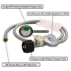 MCAMPAS 5 FT Propane Hose Regualtor with Gauge,QCC1 Stainless Steel Braided Hose and 3/8" Female Flare Nut for Weber Grill, Propane Heater, Patio Heater, Fire Pit,Burner Stove,Smoker,Water Heater