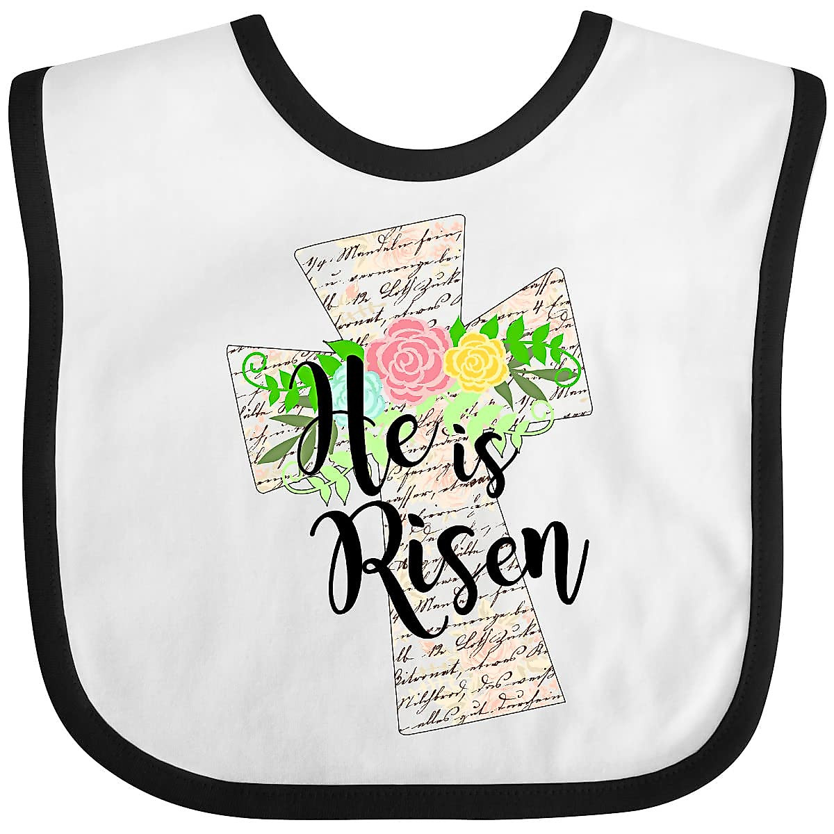 inktastic He Is Risen Cross with Script and Flowers Baby Bib White and Black 3e566