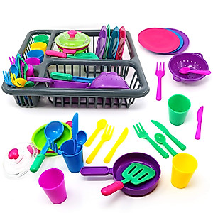 Big Mo’s Toys Pretend Play Dishes Playset – Little Chef Kitchen Set, Kids Cooking Serving Dishes - Play Cups, Pans, Cutlery, Ladle, Tableware, Pots and Dish Drainer, Set of 28