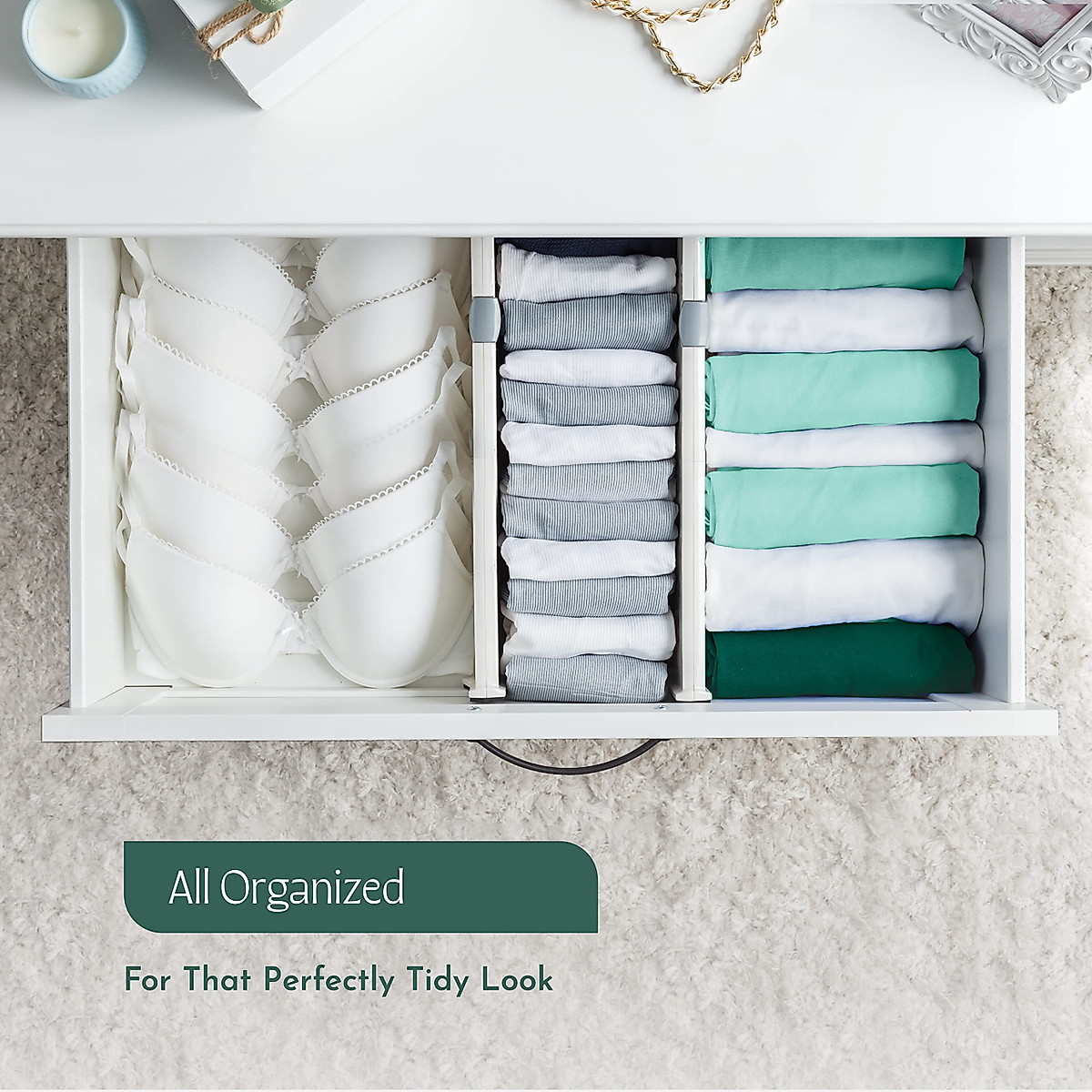 Adjustable Tall Drawer Dividers, [4 Pack] Adjusting Legnth from 15 Inch - 21 Inch, Drawer Organizers for Clothes, Locks in Place, Use for Bedroom, Bathroom, Kitchen & Office Organization and Storage.