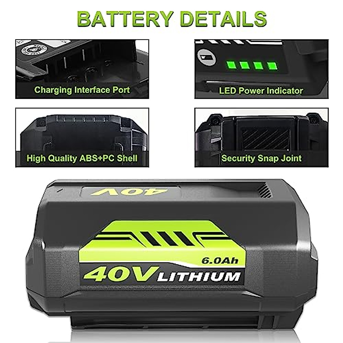 Upgraded 6.0Ah OP4060A Replacement for Ryobi 40V Battery Lithium Compatible with Ryobi 40 Volt Battery OP4015 OP4040 OP4026A OP40201 OP4050A OP4015 OP40261 OP4030 OP40401 OP4060 Cordless Power Tools
