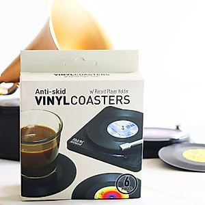 Funny Retro Vinyl Record Coasters for Drinks with Vinyl Record Player Holder for Music Lovers,Set of 6 Conversation Piece Sayings Drink Coaster,Wedding Registry Gift Ideas,Housewarming Hostess Gifts