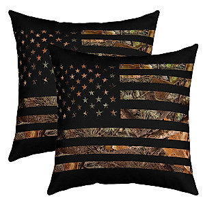 Set of 2 American Flag Camo Throw Pillow covers 18x18, Military Hunting Pillow covers, Rustic Tree Leaves Camouflage Cushion cases, Nature Branches Decorative Pillow covers for Boys, Black Brown