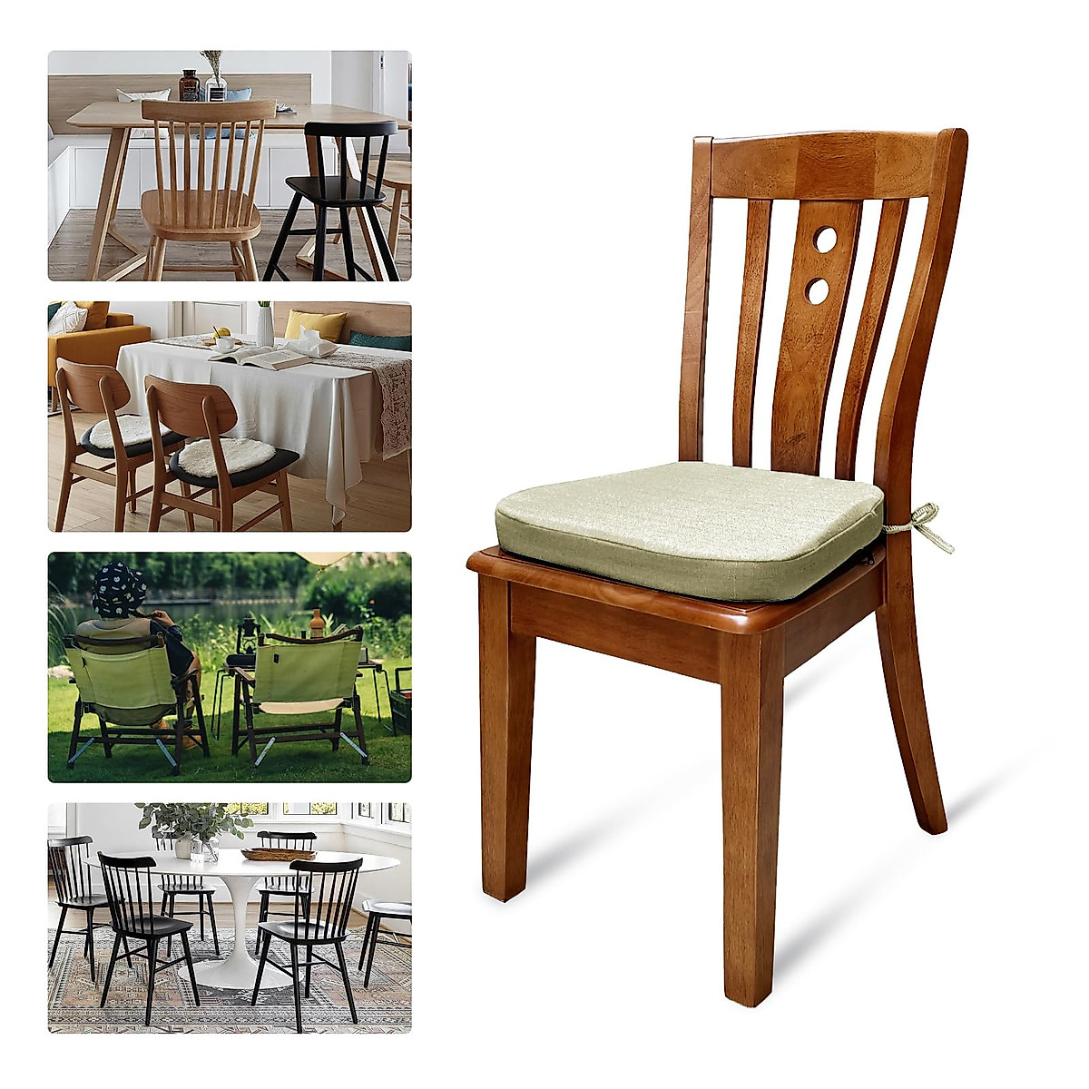 KONROBIN Chair Cushion with Ties for Dining Chairs Memory Foam Thick Kitchen Chair Pad 17" x 16.5" x 2"Set of 2,with Machine Washable Cover Seat with Zipper Indoor Chair for Room,Office etc-Beige