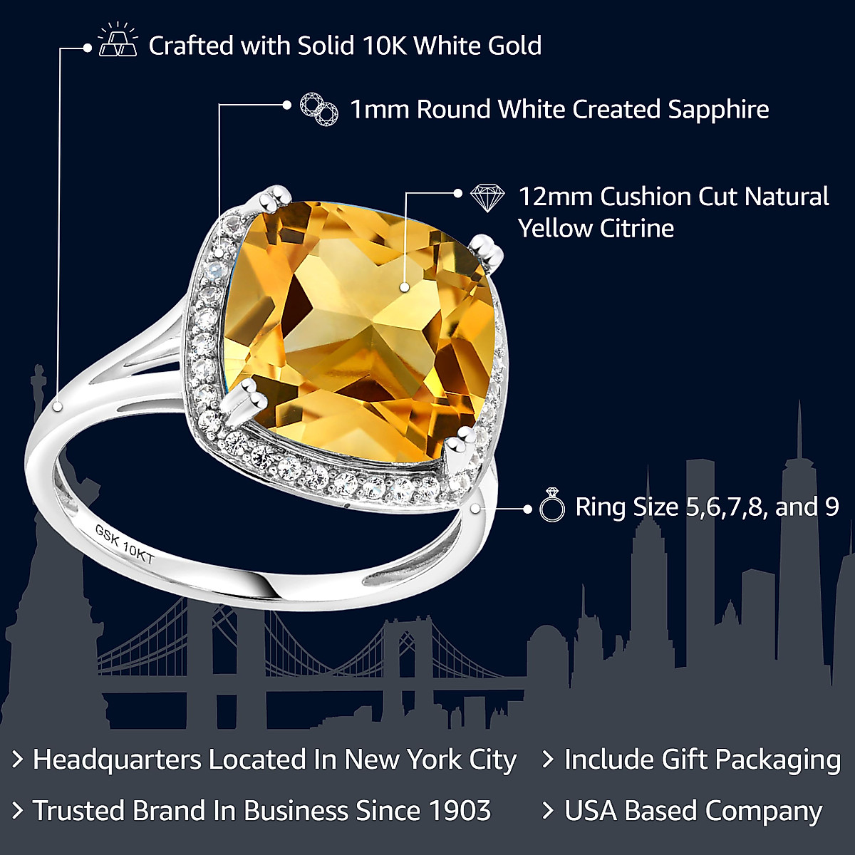 Gem Stone King 10K White Gold Yellow Citrine and White Created Sapphire Women's Ring (6.09 Ct Cushion 12MM, Gemstone Birthstone, Available In Size 5, 6, 7, 8, 9)