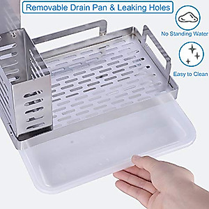BeBeHome Sink Caddy Organizer, Sponge Holder for Sink Soap Brush Dispenser Holder with Rag Rack Suction Cup Dishcloth Holder with Drain Pan Stainless Steel Silver 9.5X4.5X8.9 in