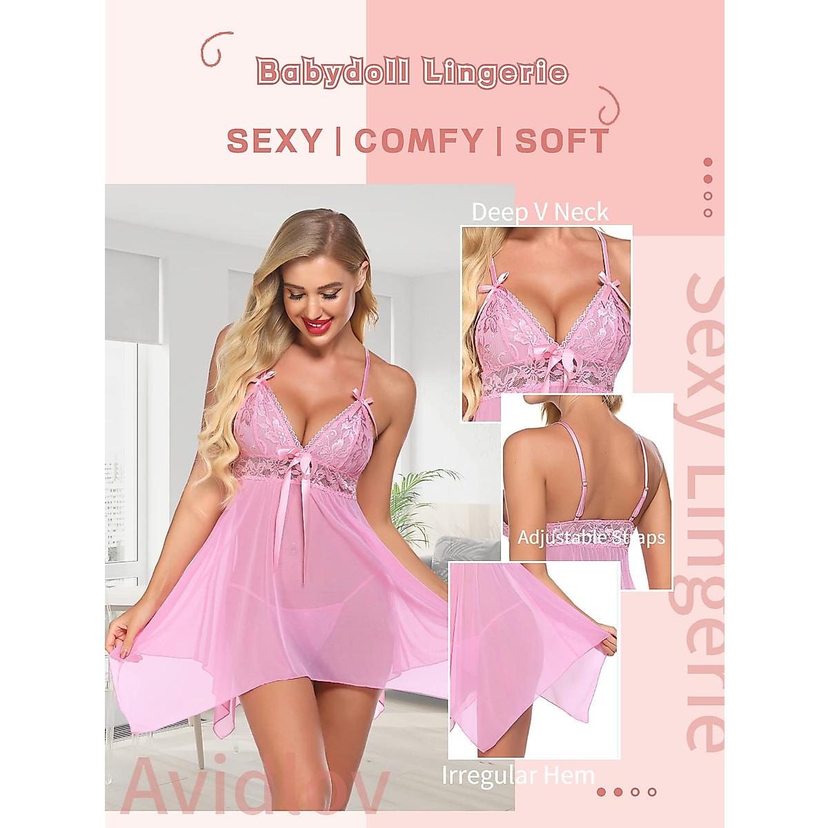 Avidlove Lingerie for Women V Neck Sleepwear Mesh Negligee Sexy Babydoll Dress(Pink,XXL)