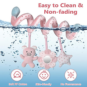 Car Seat Toys, Infant Baby Pink Pig Spiral Activity Hanging Toys Stroller Toys for Car Seat Stroller Bar Crib Bassinet Mobile with Mirror BB Squeaker and Rattles