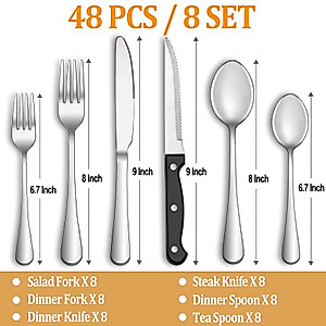 56 Pcs Silverware Set with Steak Knives and Metal Straw for 8,Stainless Steel Flatware Set, Mirror Polished Cutlery Utensil Set, Home Kitchen Eating Tableware Set,Fork Knife Spoon Set,Dishwasher Safe