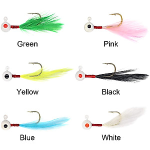 YZD 12 Piece Crappie jig Head Fishing Lure Hook with Feather Fly Fishing Panfish Sunfish Hair Jig Bait 1/16oz (6 Color Mix)