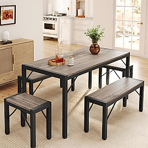Gizoon 63" Dining Room Table Set for 6, Kitchen Table with 2 Benches and 2 Stools, Dining Table Set with Metal Frame, Space-Saving Kitchen Table Set for Apartment, Grey