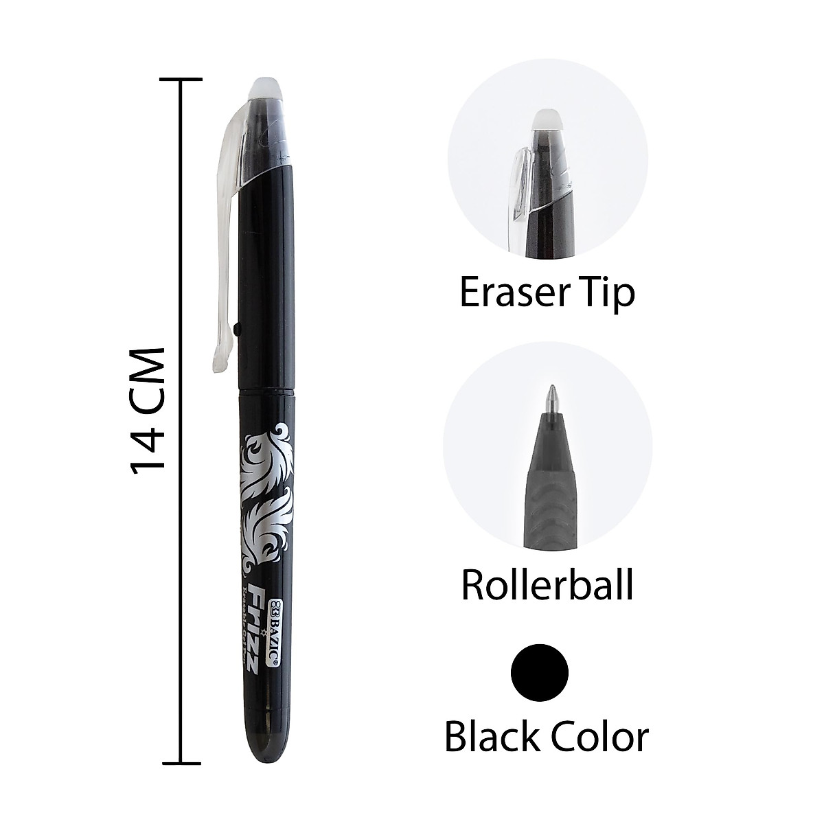 BAZIC Frizz Erasable Gel Pen 0.7mm Black Color, Fine Point Inks Pens Mistake Eraser, Smooth Drawing Writing for Gift Office School, 24-Pack