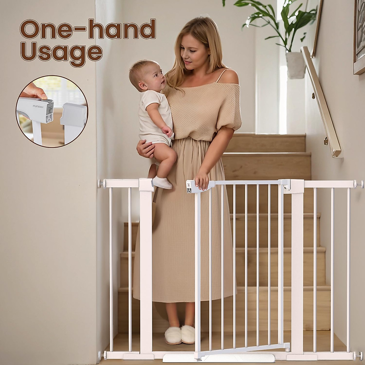 Mumeasy Baby Gate for Stairs, 29.6"-46" Pressure Mounted Pet Gate with Walk Through Door, Auto Close Dog Gate for House, Stairs, Doorways