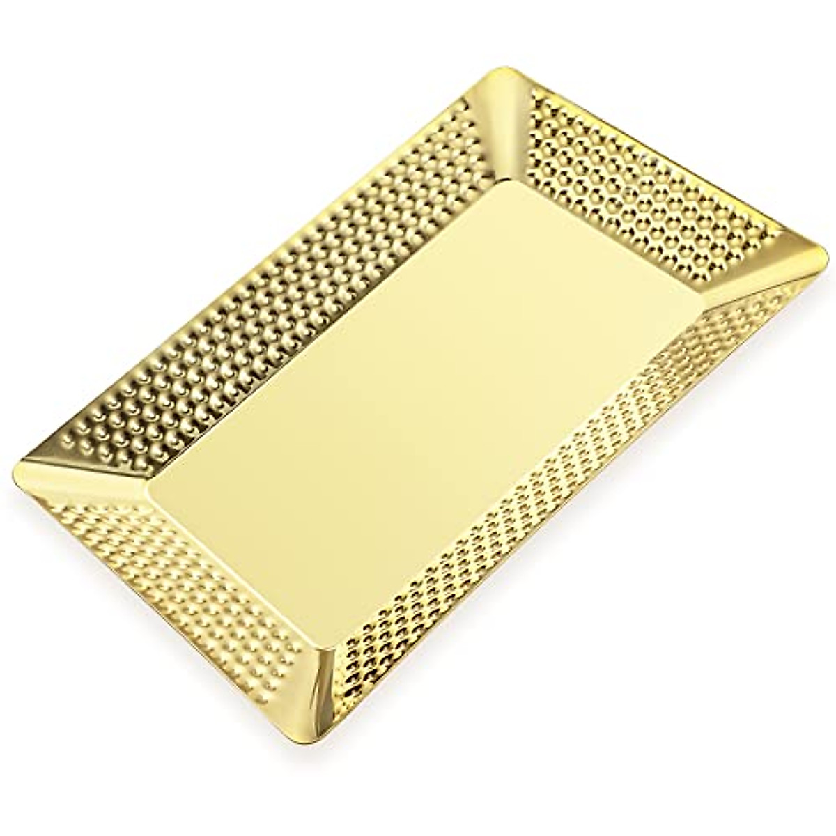 Koluti 12 Inch Gold Rectangle Decorative Tray, Brass Tone Hammered Nightstand Accessory Dresser Serving Plate, Counter Perfume Jewelry Makeup Organizer Storage, Stainless Steel